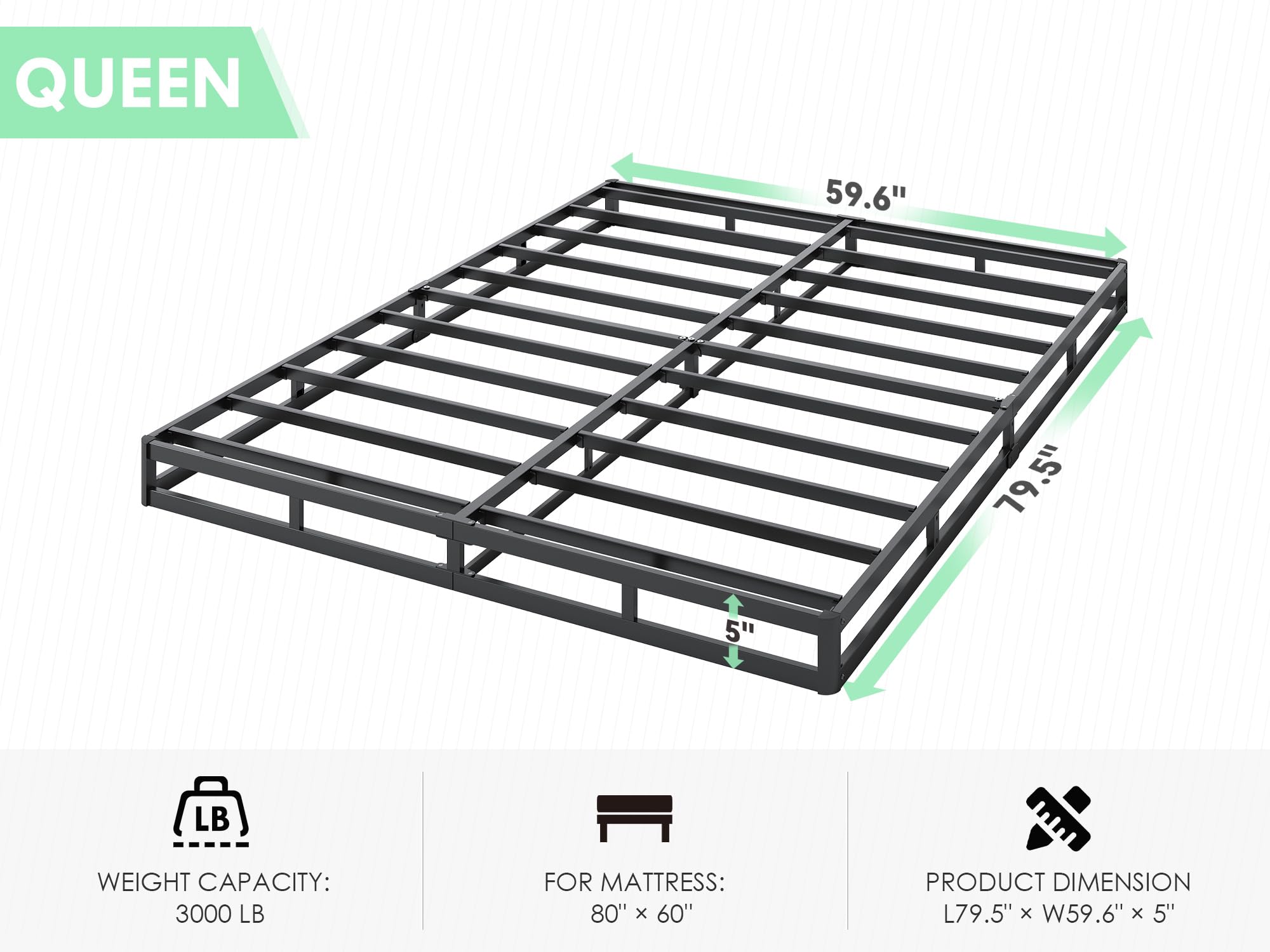 QEROMY Queen Box Spring - 5 Inch Low Profile Box Spring for Queen Bed, Sturdy Metal Frame Mattress Foundation, Easy Assembly, Quiet & Noise-Free