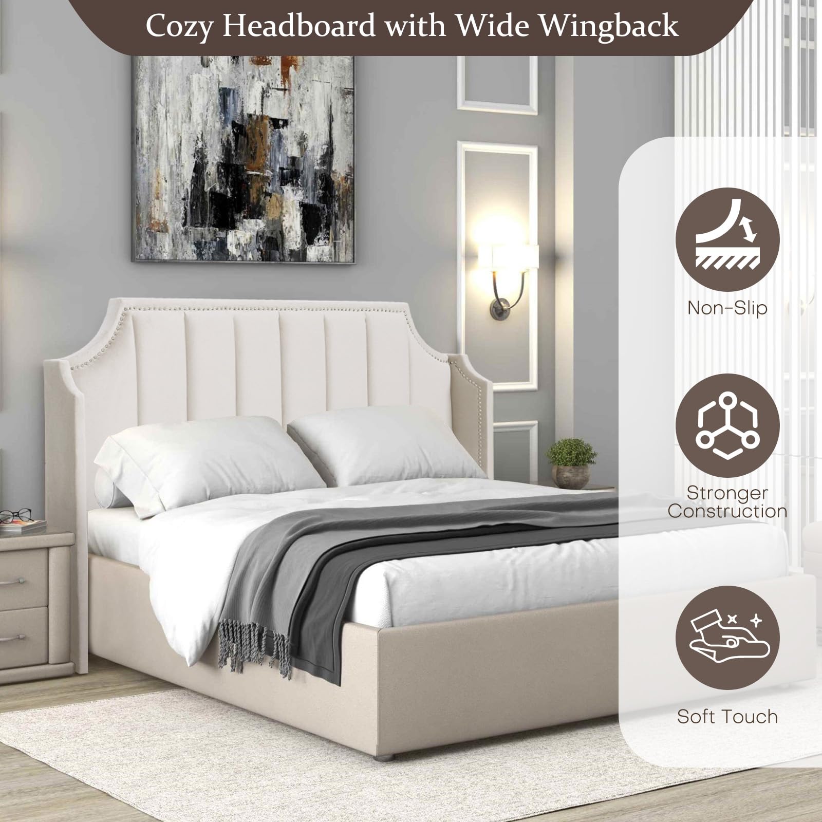 Lucky Monet Mid Century Headboard with Wingback for Queen Size Bed, Velvet Upholstered Tufted Bed Headboard with Nailhead Decor, Adjustable Height Curved Head Board Vertical Channel Design (Beige)