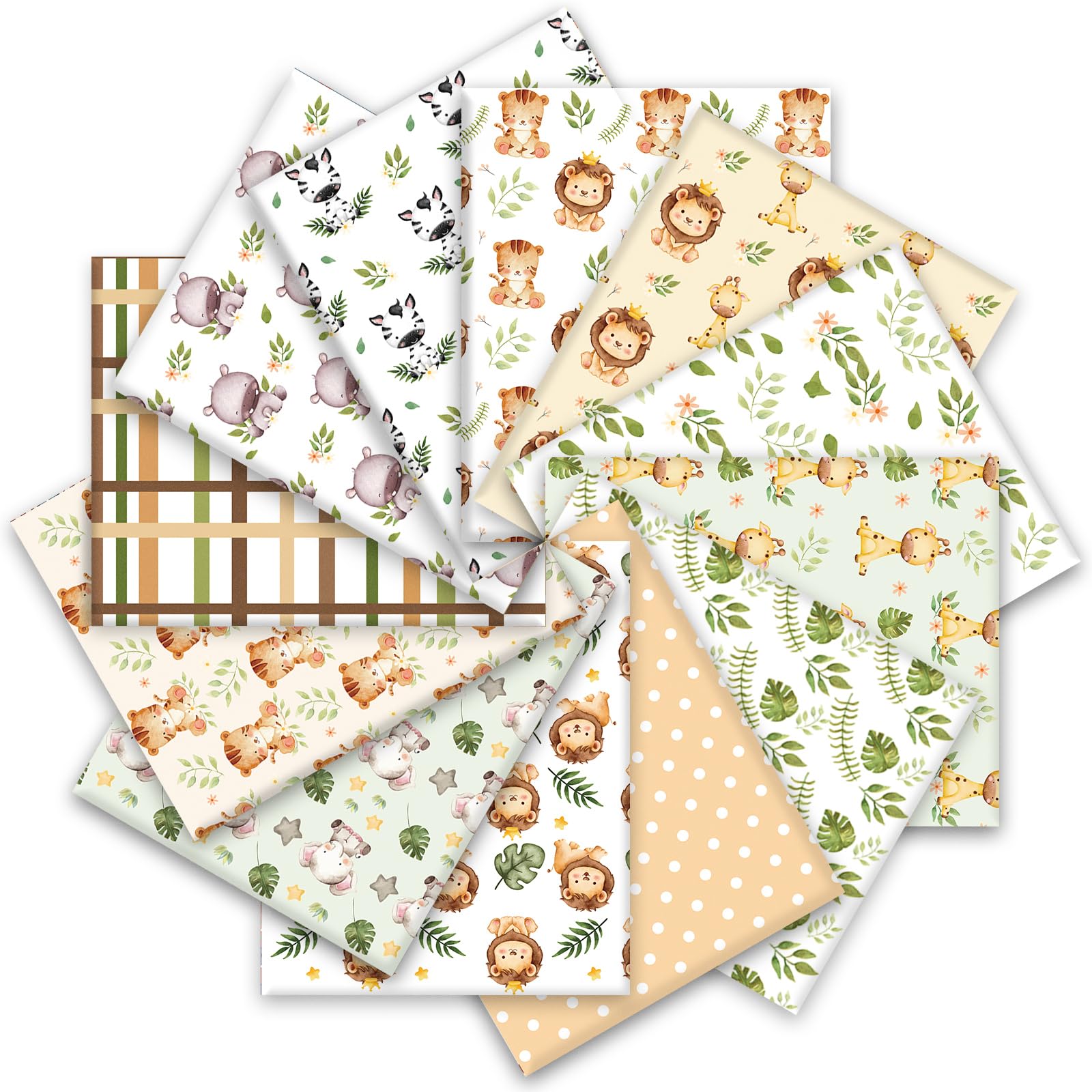 Whaline 12Pcs Safari Cotton Fabric Bundles Watercolor Safari Animals Printed Fat Quarters Jungle Theme Quilting Patchwork for DIY Handmade Craft Party Decor, 18 x 22 Inch