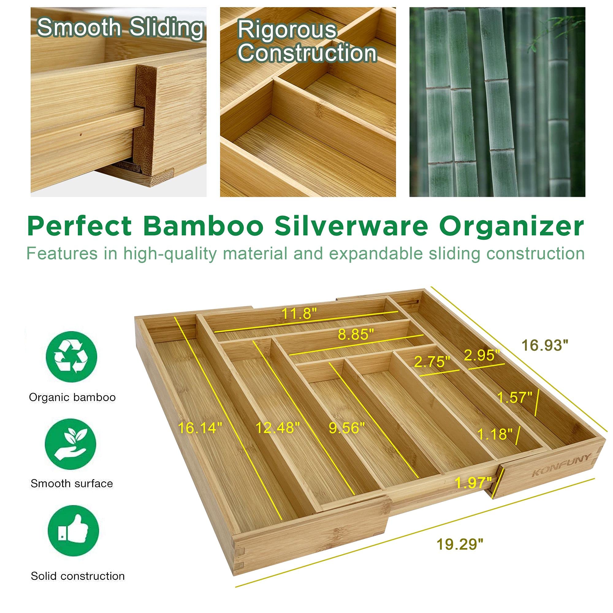 konfuny Bamboo Kitchen Drawer Organizer for Utensils Silverware Holder- Perfect Size Adjustable Cutlery Tray,Drawer Dividers for Flatware and Kitchen Utensils(6-8 Slots)