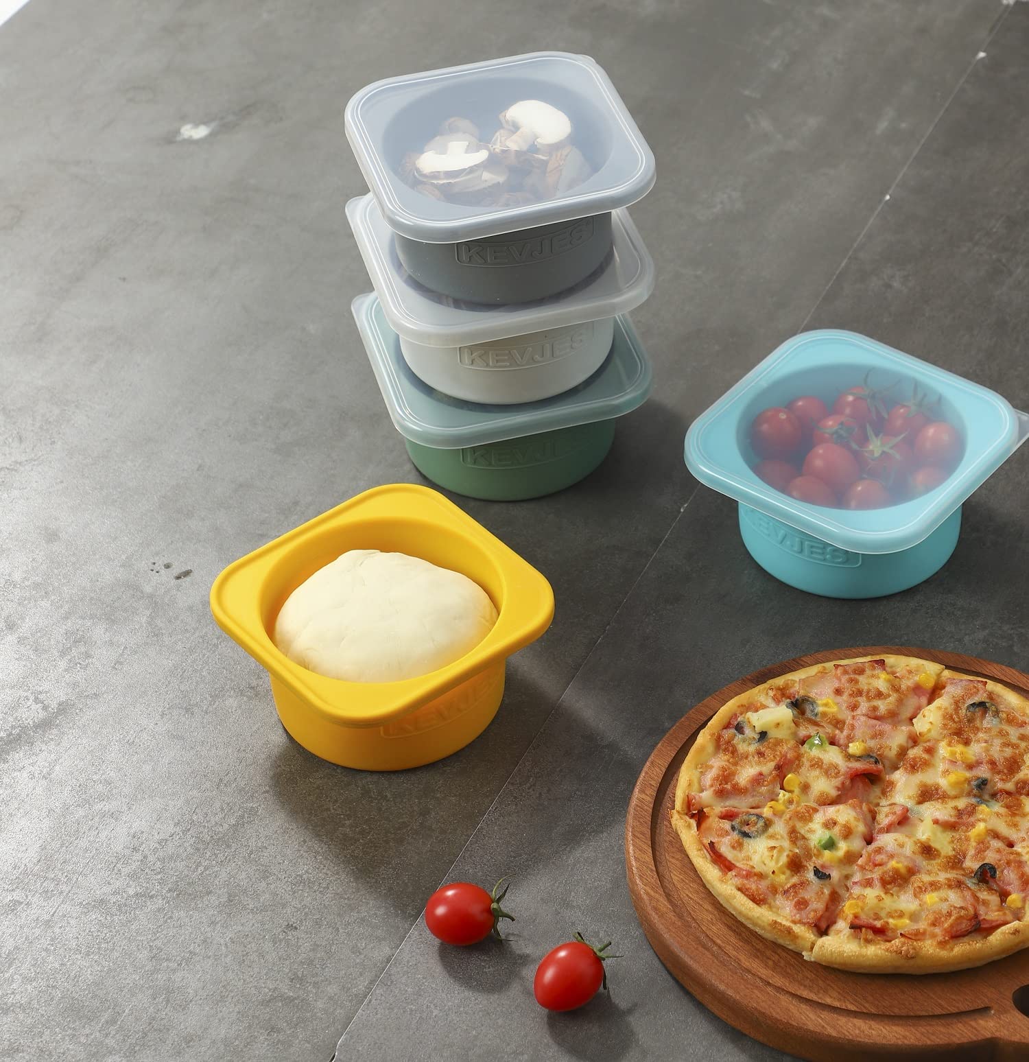 KEVJES Stackable Silicone Artisan Pizza Dough Proofing Proving Containers with Lids-3 pack-500ml portion (1Space Gray+1Green+1Yellow)