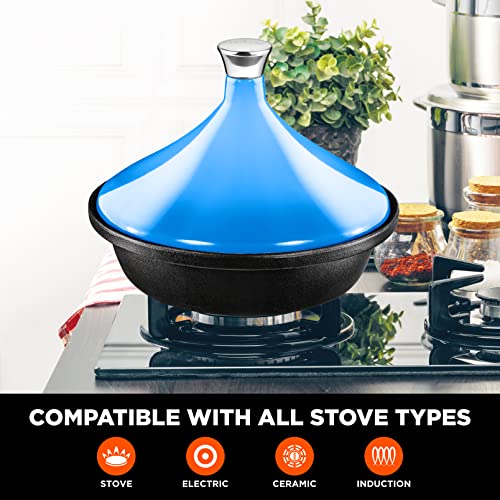 NutriChef 2.75 QT Cast Iron Moroccan Tagine - Tagine Pot with Stainless Steel Knob, Enameled Base, Cone-Shaped Enameled Lid, Oven and Dishwasher Safe, Ideal for Oven-to-Table Presentations (Blue)