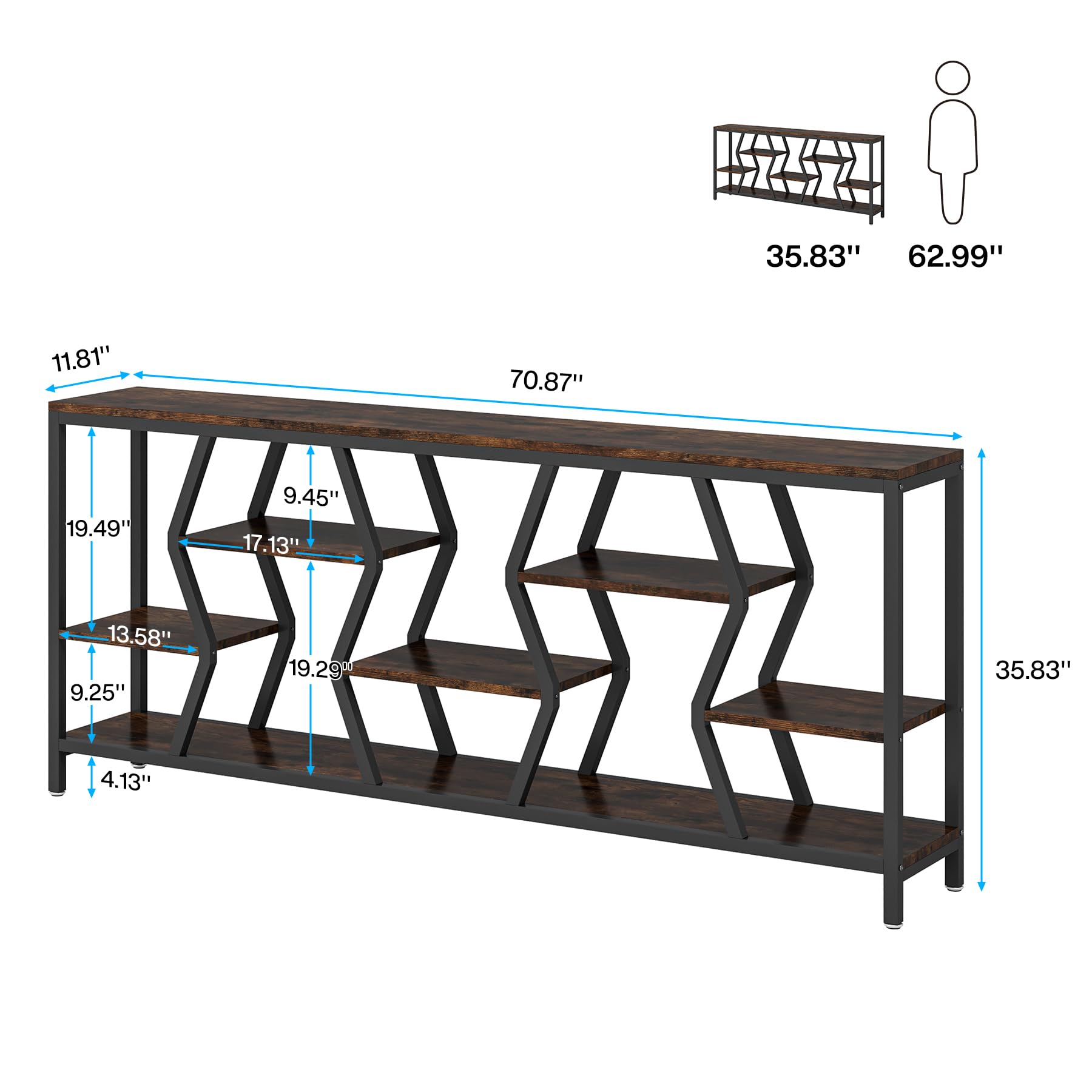 Tribesigns 70.9 Inches Sofa Console Table with 4 Tier Wood Storage Shelves, Industrial Extra Long Narrow Entryway Accent Tables for Hallway, Living Room, Foyer (Rustic Brown)