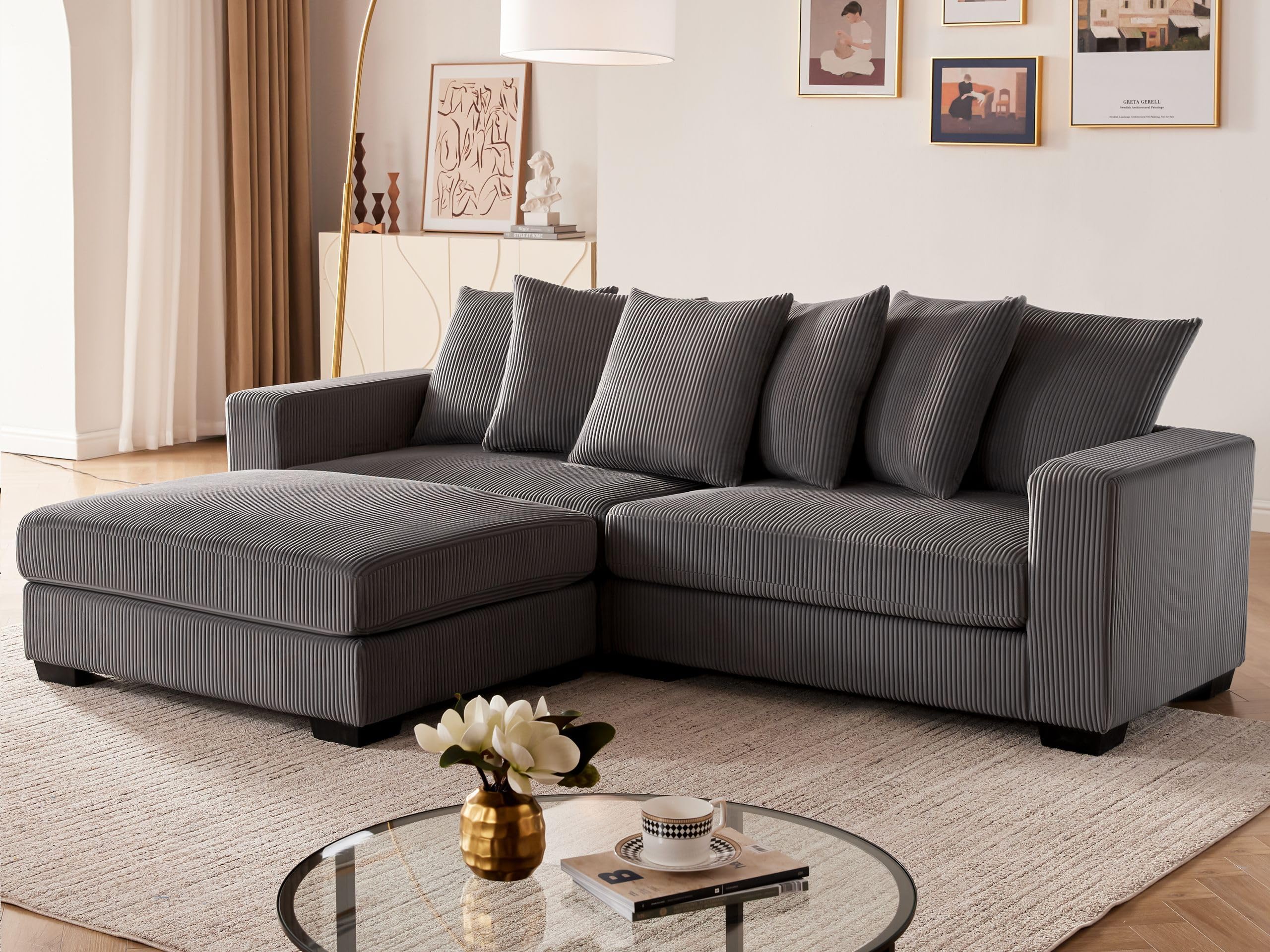 Mangodan 101.6" Deep Seat Modular Sectional Sofa, Comfy Corduroy Sectional Couches for Living Room, L-Shaped Upholstered Cloud Couch with Chaise, Widened Armrests for 4 People, Dark Grey