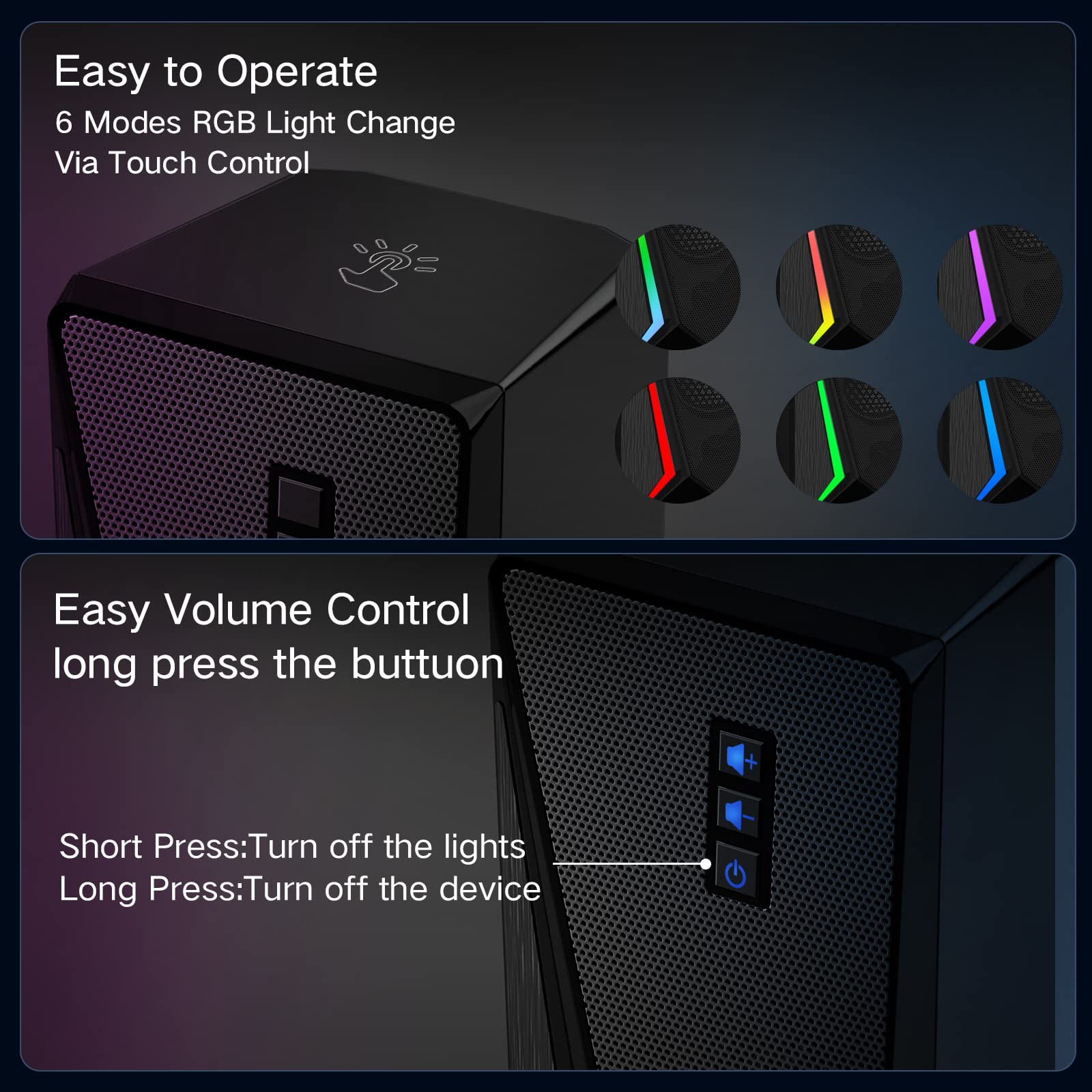 LLEVTIC Computer Speakers, 2.0 Channels Enhanced Stereo RGB PC Speakers with 6 Colorful Mode, USB Powered Desktop Speakers for PC/Laptop/Monitor, 3.5mm AUX Gaming Speakers