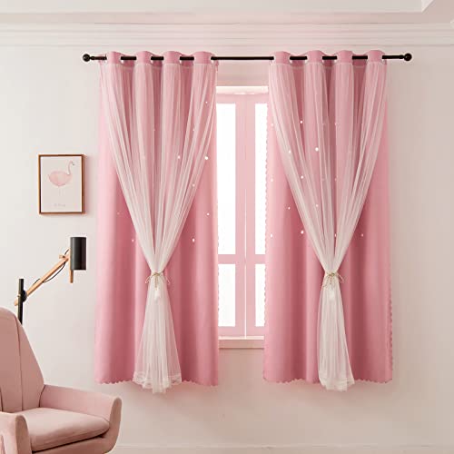 LUGOTAL Pink Curtains for Girls Bedroom Kids Baby Room Decor Cute Double Layer Star Cutout Curtains Room Darkening Window Curtains for Nursery (Pink, 42W x 84L,2 Panels)