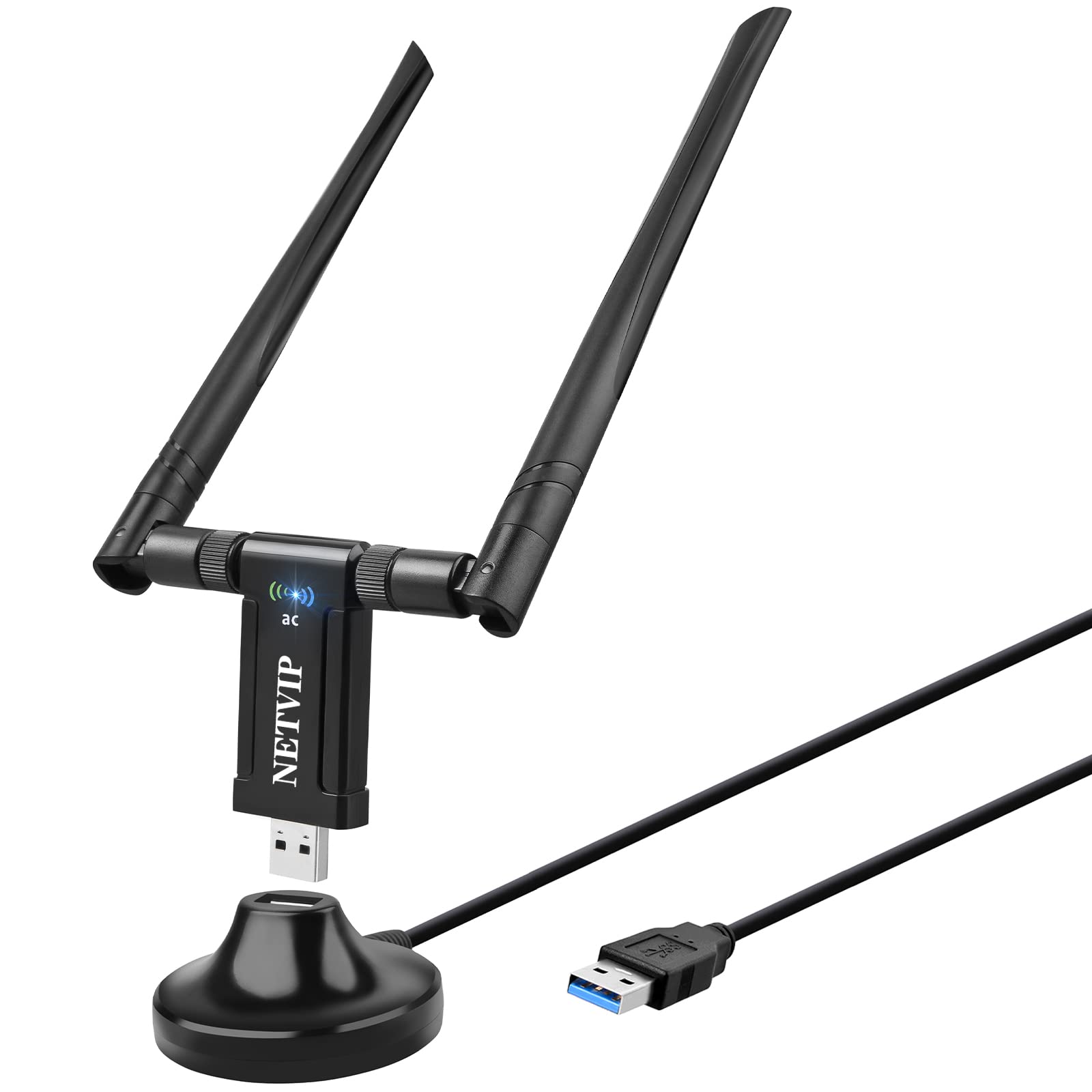 NETVIP USB WiFi Adapter for PC, 1200Mbps Wireless Network Adapter with 2 * 5dBi High Gain Antennas and USB 3.0 Cradle, Dual Band 2.4GHz 5GHz WiFi Dongle for Windows 11/10/7/8/8.1/XP/Mac OS 10.9-10.15