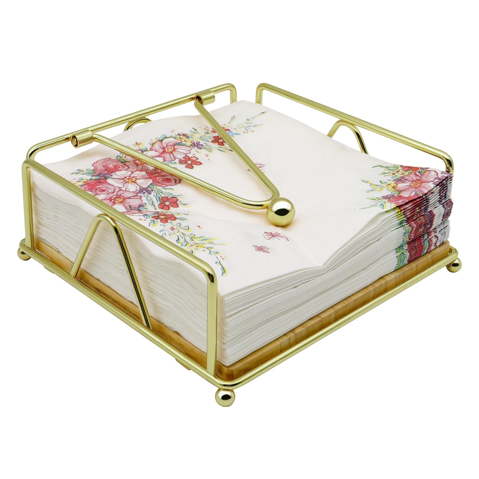 Lxooezu Flat Napkin Holder For Table,Square Wooden Base,Metal Weighted Arm Paper Napkin Holders,Paper Towel Dispensers for Kitchen Countertops,Table Decorations and Outdoor Picnics（Gold）