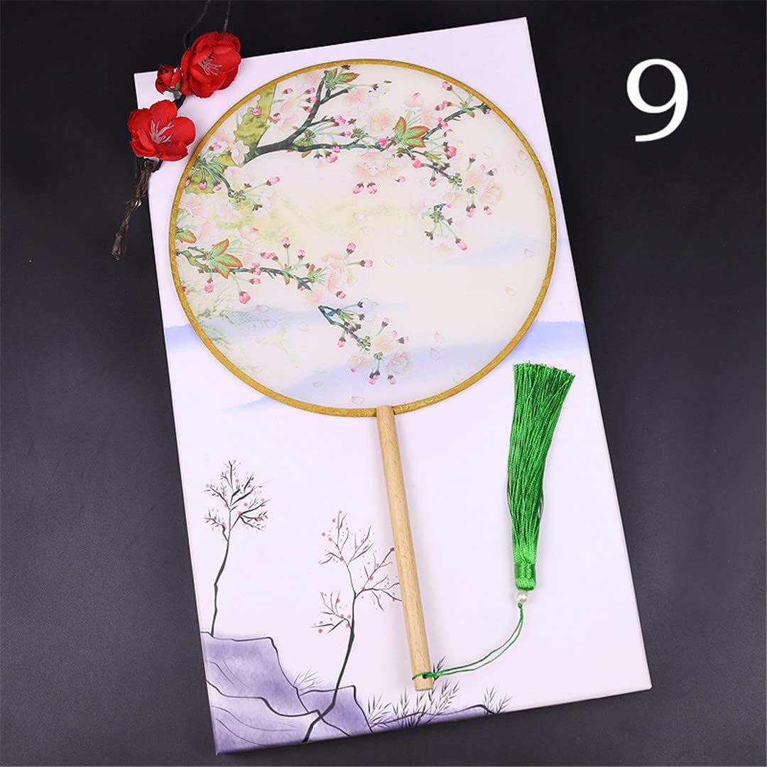 Lmtossey 1Pc Chinese Style Vintage Lady Flower Round Hand Fan Wedding Dance Handle Silk Cloth Fan