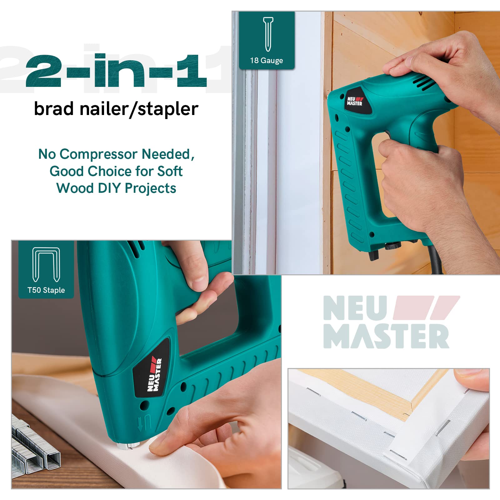 NEU MASTER Staple Gun with Contact Safety and Power Adjustable Knob(336pcs Staples and 200pcs Nails Included)and Premium Quality Standard T50 Staples and 18GA Brad Nails, 1508-Count