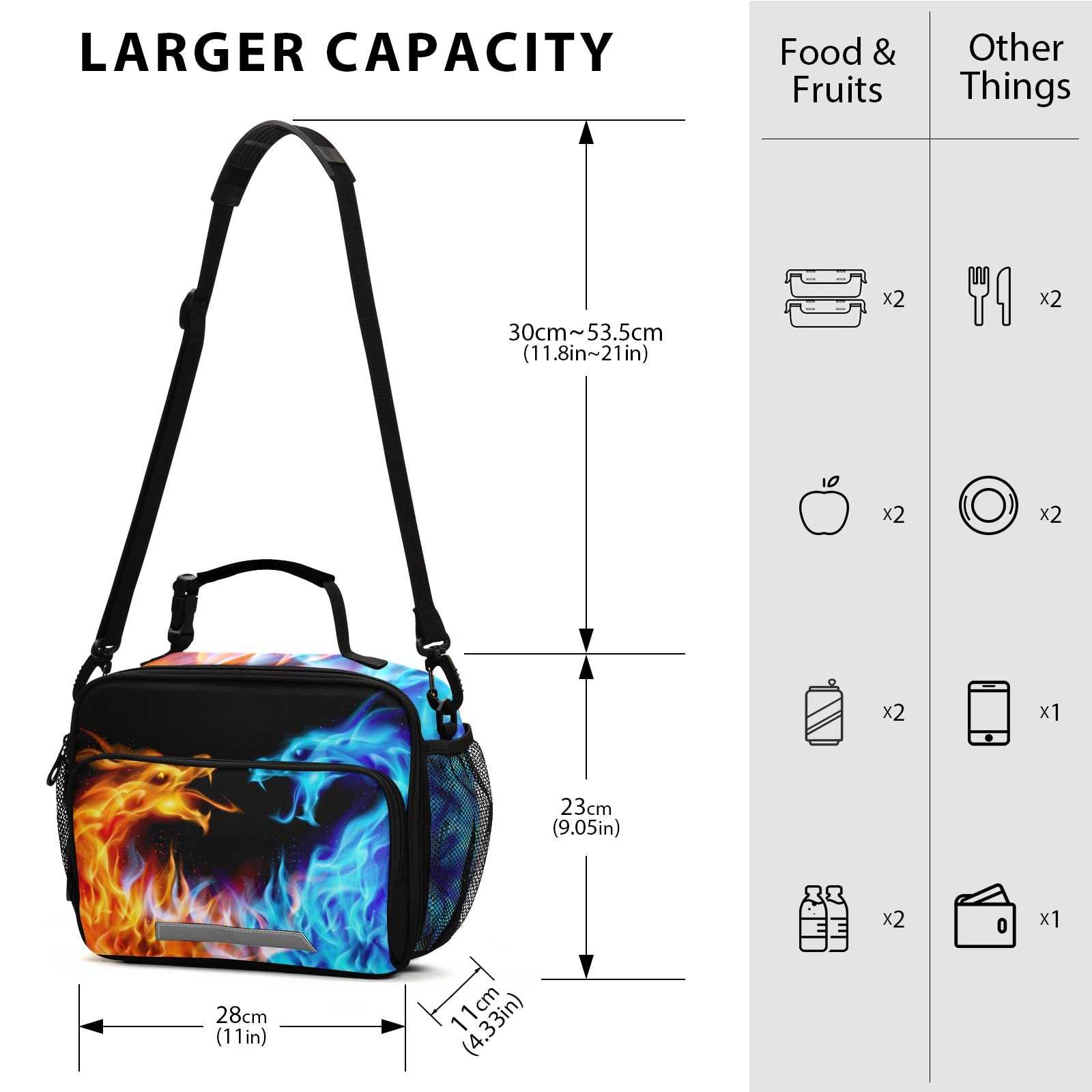 KFBE Gold Flame Kids Lunch Box Insulated Blue Dragon Lunch Bags Cooler Tote Bag with Removable Shoulder Strap for Boy Girl Student (20824031), One Size