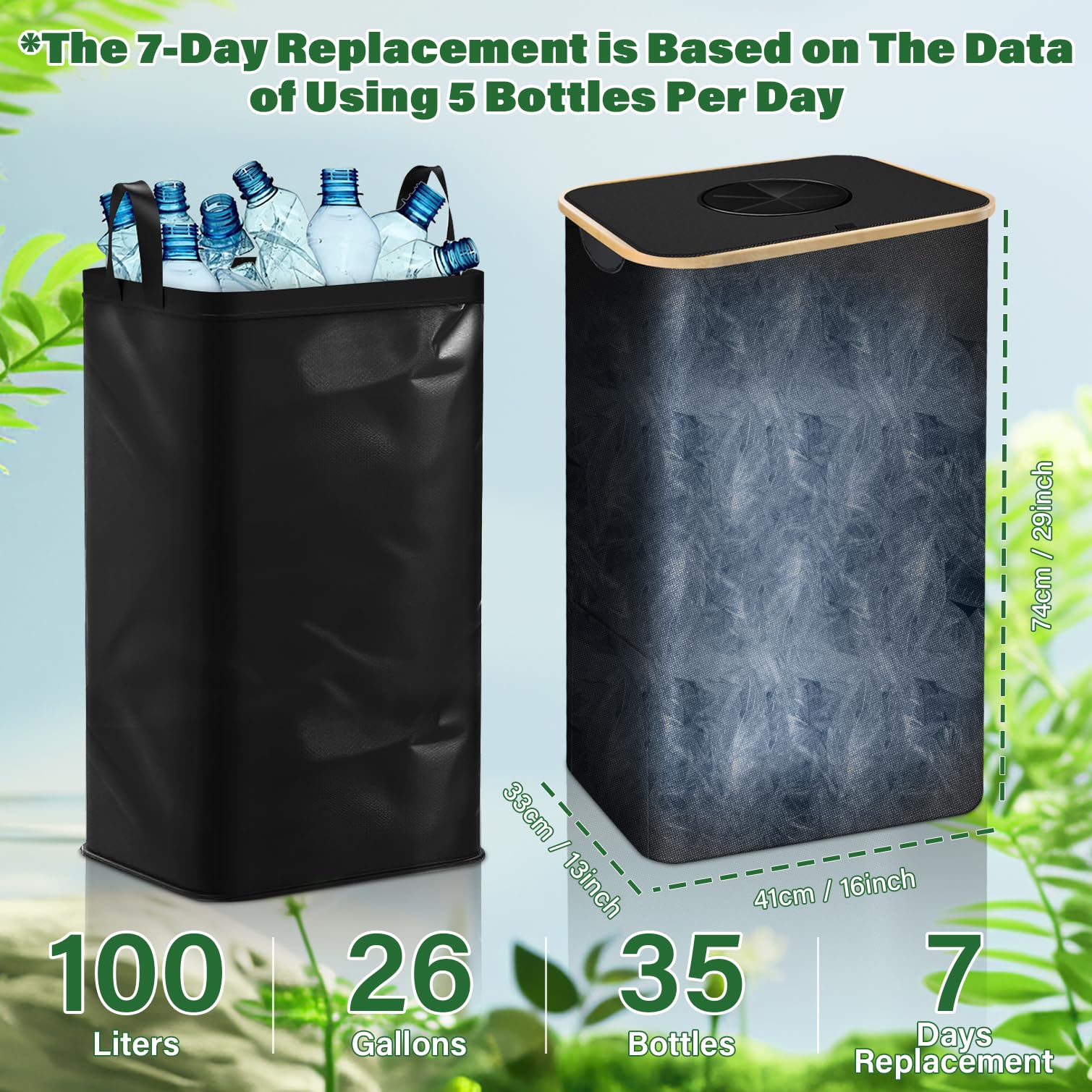 Mieaoll Recycling Bin for Kitchen,Bottle Recycle Bin Indoor 26Gallon Large Capacity with Removable Tote Bag,Bin Zip-Top Can,Black