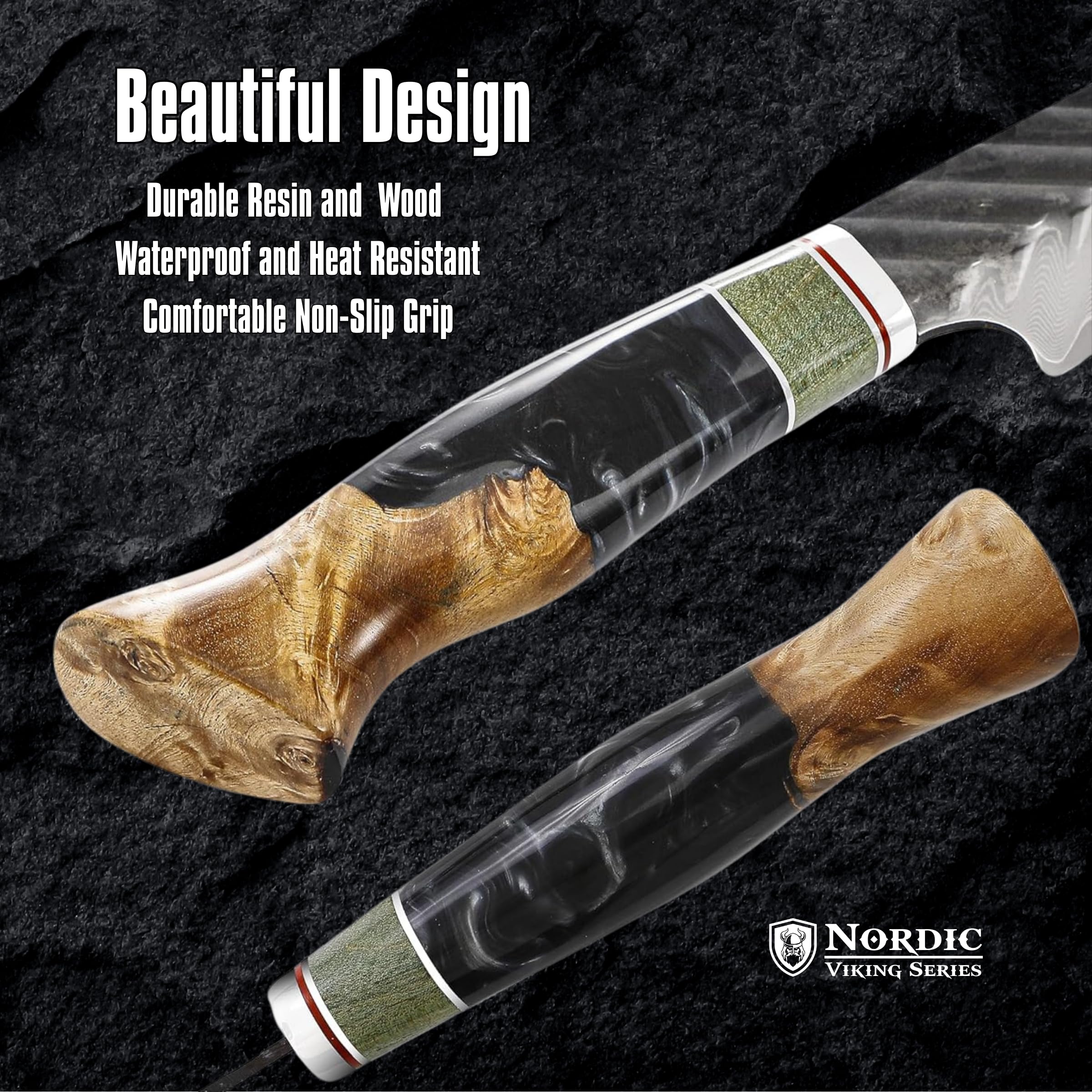 Nordic New Viking Series Professional 8 Inch Chef Knife, Damascus Chef Knife, 67 Layers, Hand Forged Chef Knife with Resin and Maple Wood Handle and Leather Sheath