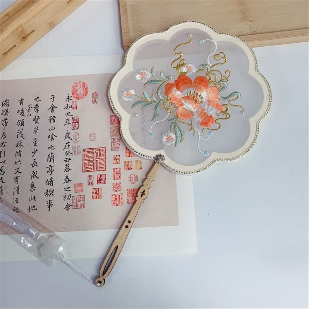 Lmtossey Long Handle Bronzing Fan Transparent Antique Round Chinese Fan Dance Props Classical Hanfu Cheongsam Accessories