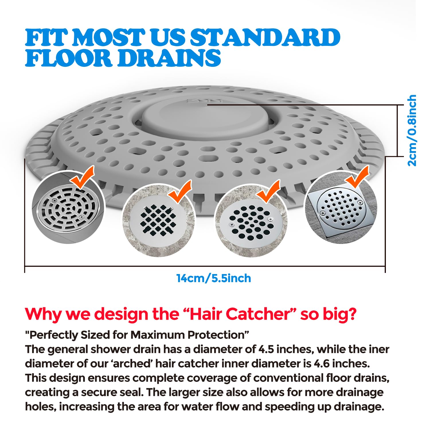 Shower Drain Hair Catcher, 2 Pack Premium Silicone Drain Protector & Shower Drain Cover for Regular Drains of Shower Room, Bathroom, Gray