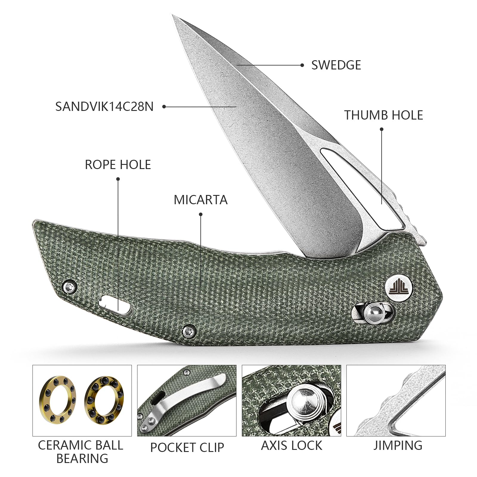 TRIVISA Folding Pocket Knife for Men EDC,3.38in Black 14C28N Steel Blade,Axis Lock Micarta Handle with Clip,Camping Hunting Outdoor Knives,Vela-04B