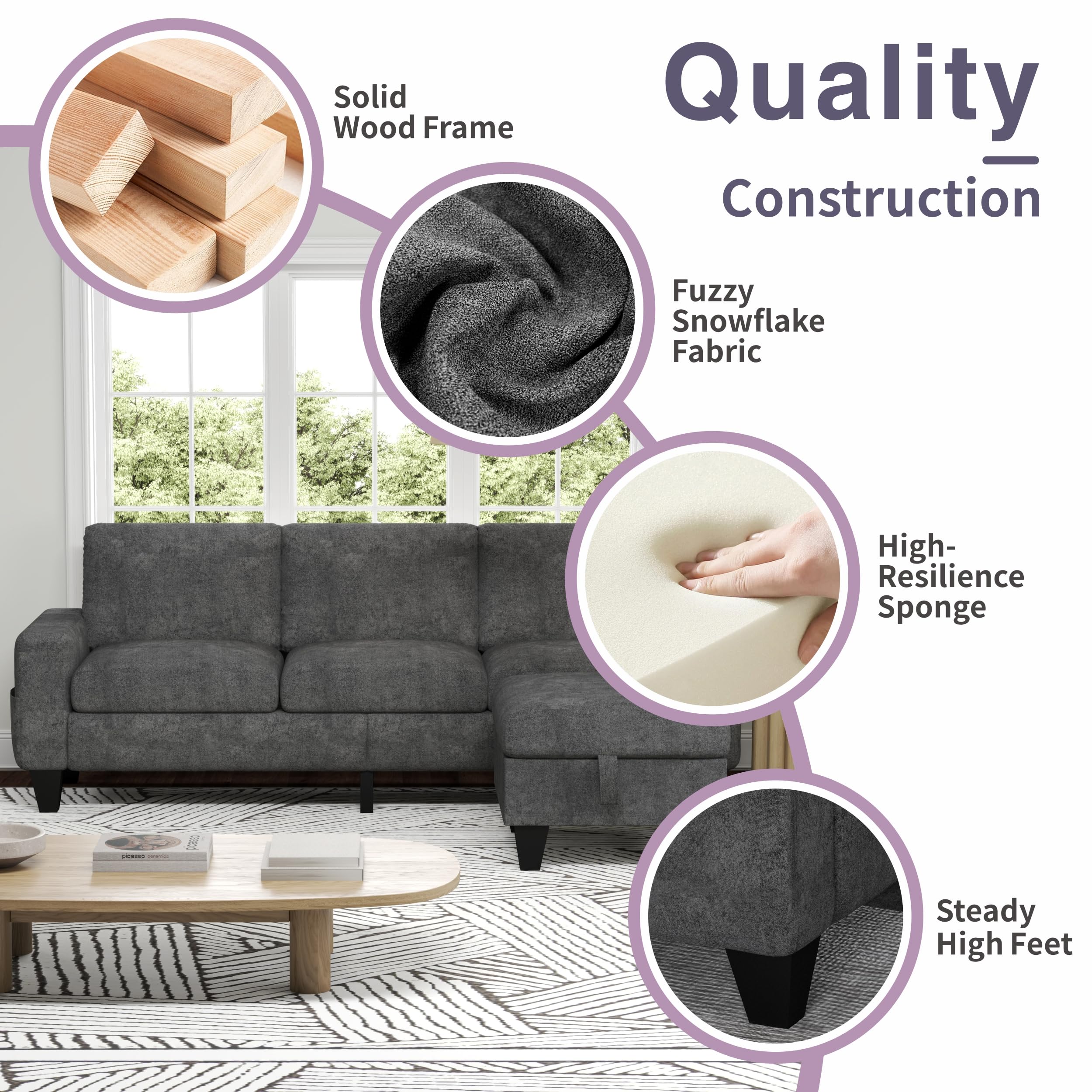 Yattem Convertible Sectional Sofa Couch:Modern Snowflake Velvet L-Shaped Sofa Couch with Reversible Storage Ottoman&Storage Pockets - 3 Seat Sofa Couch for Living Room/Apartment/Studio/Small Space