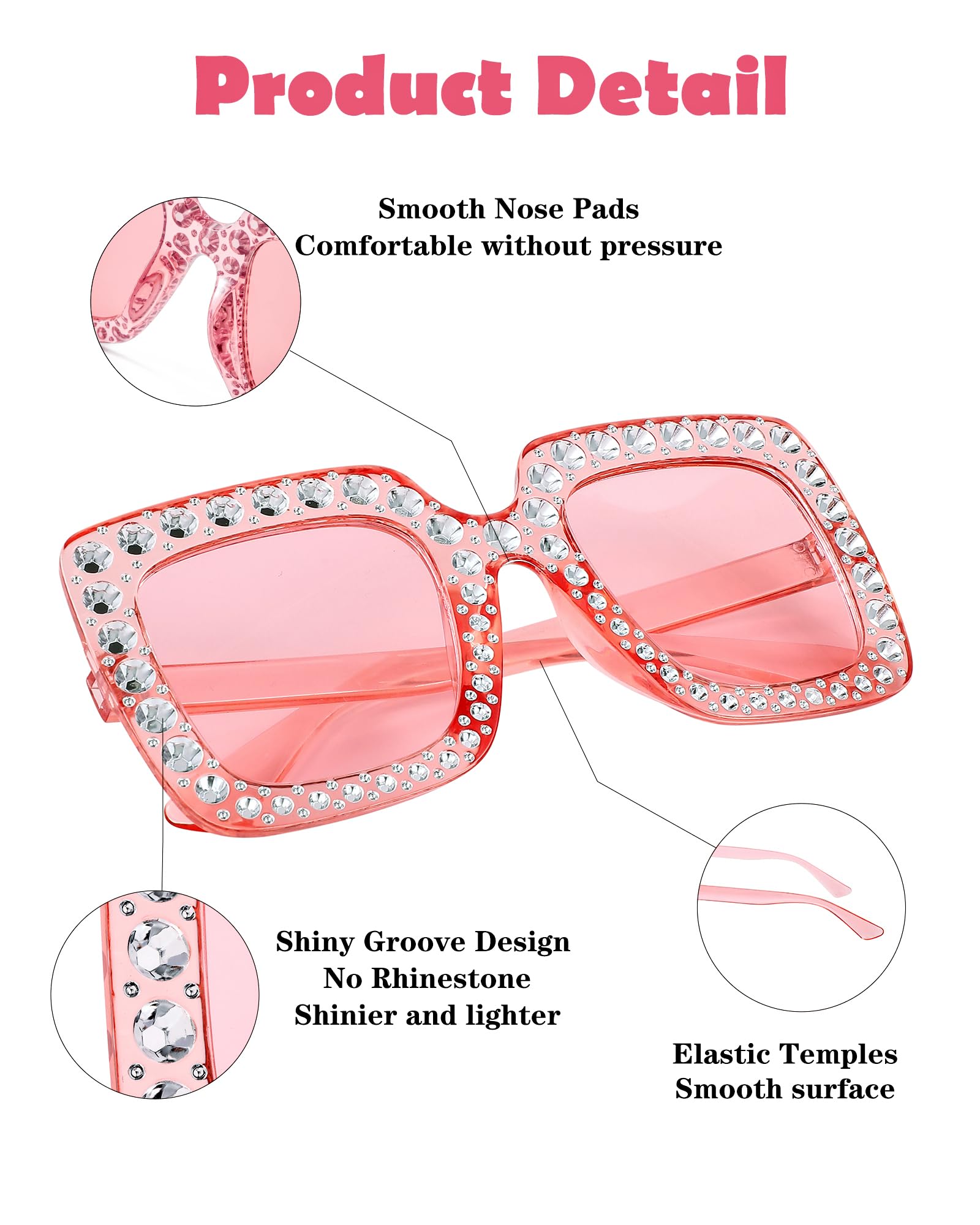 LYMOJOR 10 Pack Rhinestone Sunglasses Bulk, Oversized Square Fun Bling Crystal Sunglasses for Women Party Favors