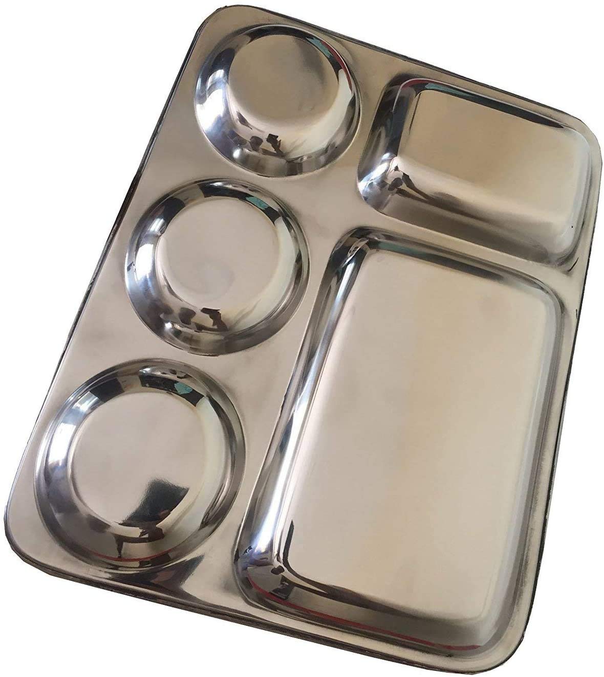 Khandekar Stainless Steel Five Compartment Rectangle Plates, Dinner Plate Set of 4 - Silver