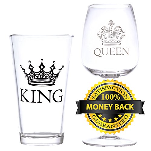 King Beer & Queen Wine Glass Set | Beautiful Gift for Newlyweds, Engagements, Anniversaries, Weddings, Parents, Couples, Christmas - Novelty Drinking Glassware (King Beer & Queen Wine Glass Set)