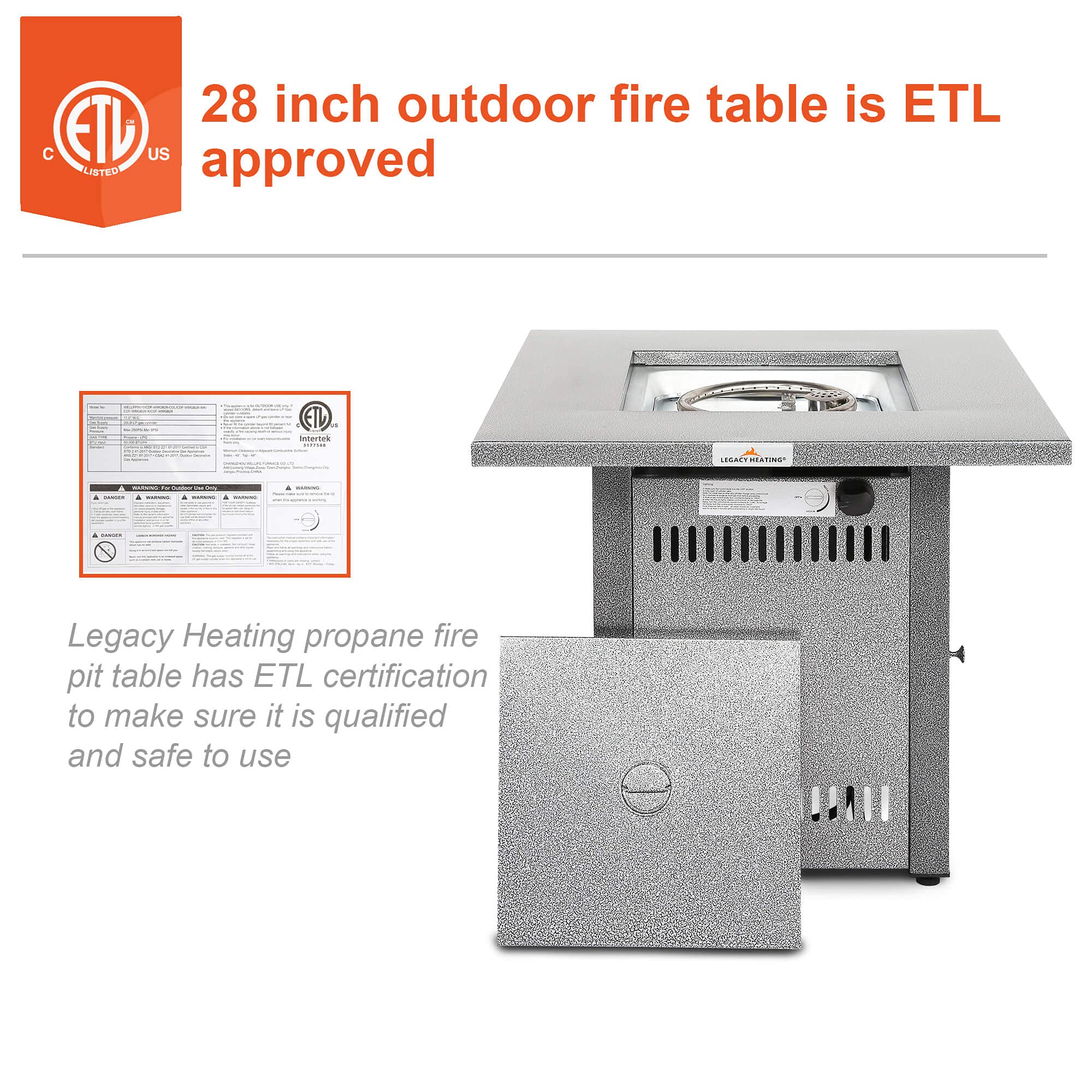 LEGACY HEATING 28" Propane Fire Pit Table, Gas Fire Pits for Outside Patio, Gas Fireplace, 50,000 BTU 28" Square Fire Table with Lid and Lava Rock, Silver