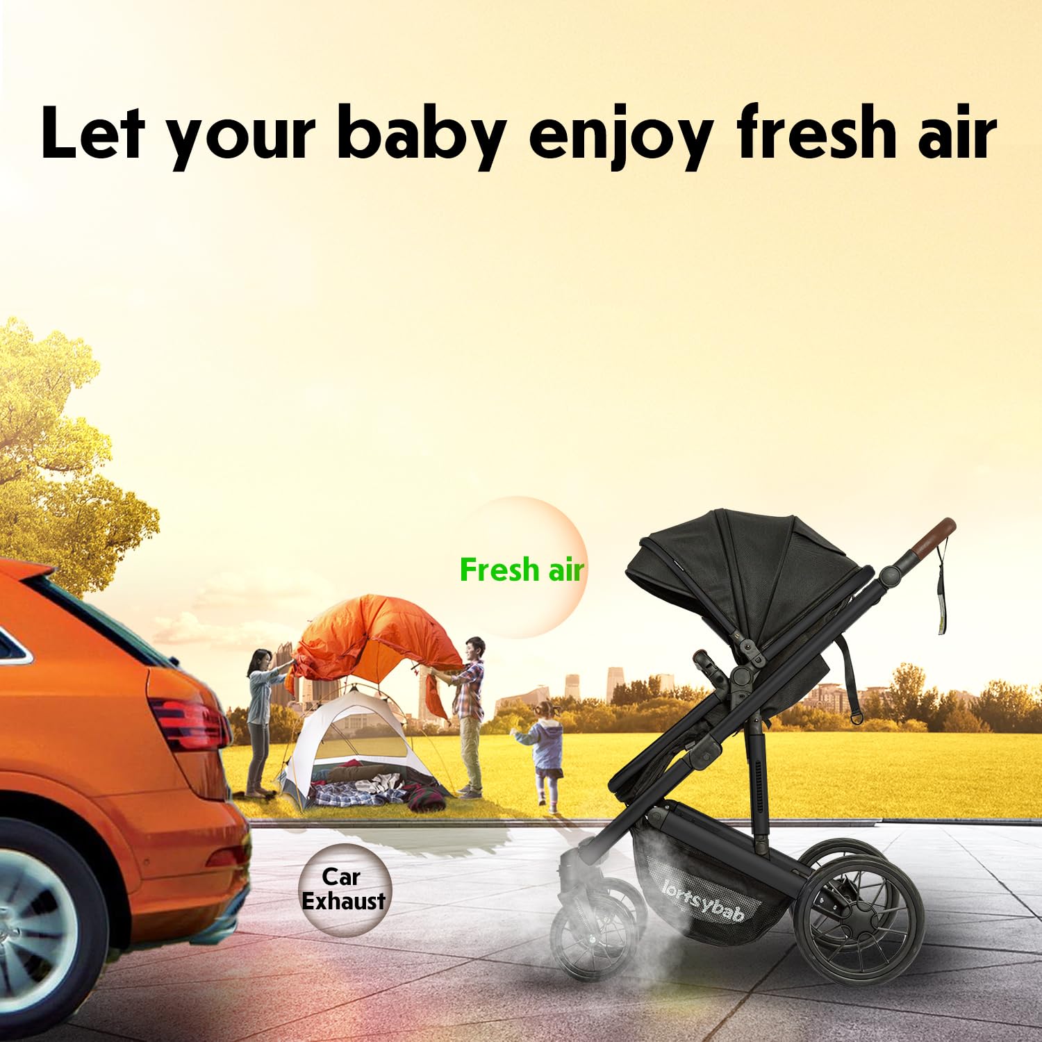 LORTSYBAB 2 in 1 Convertible Baby Stroller, High Landscape Infant Stroller w/Reversible Seat, Adjustable Backrest & Canopy, Newborn Reversible Bassinet Pram Strollers, Black