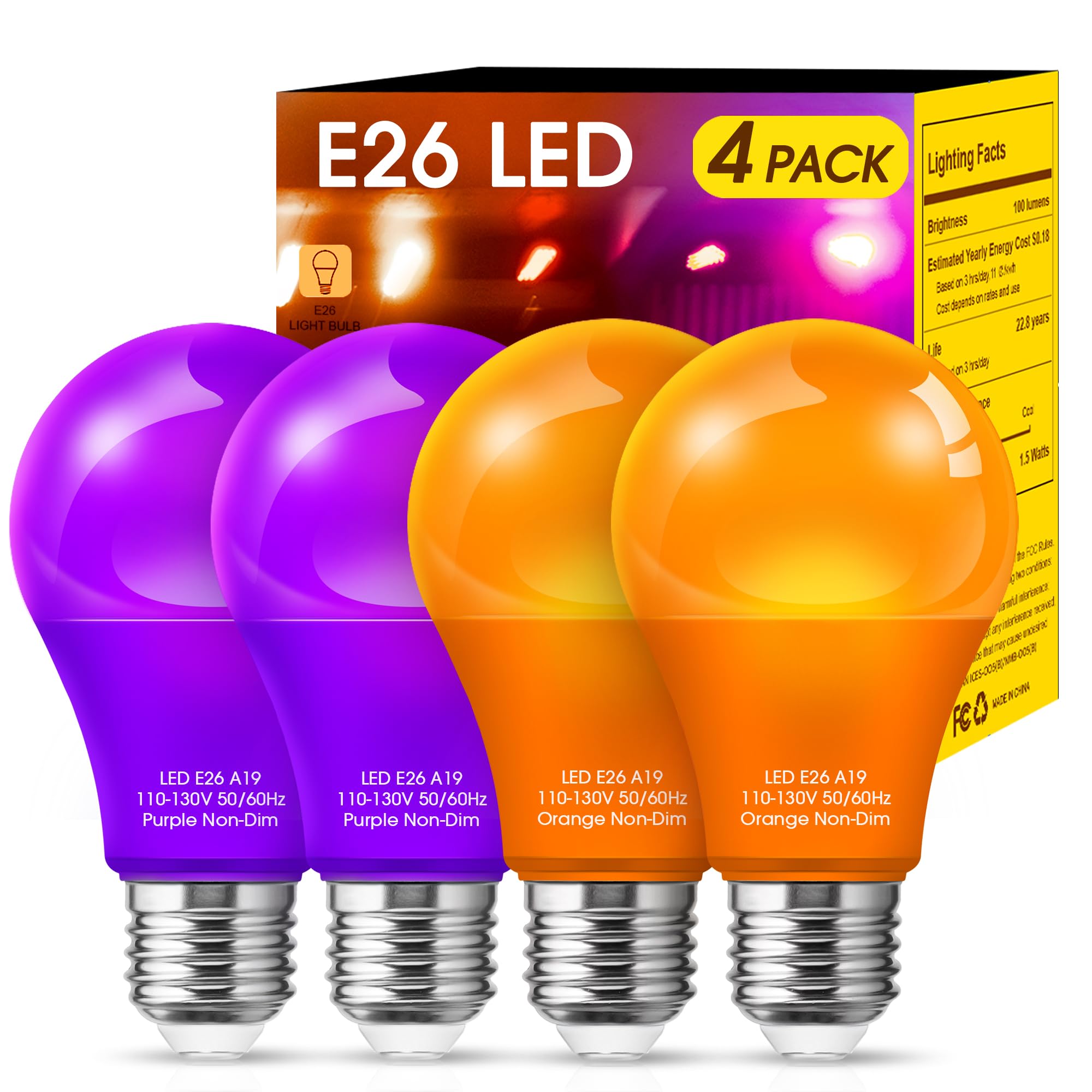 Orange Light Bulbs Purple Light Bulbs [4 Pack] - A19 LED Orange Bulbs Purple Bulbs 9W (60W Equivalent) - E26 Base Orange Light Bulb Outdoor, Colored Light Bulbs for Halloween Party Porch Holiday Decor