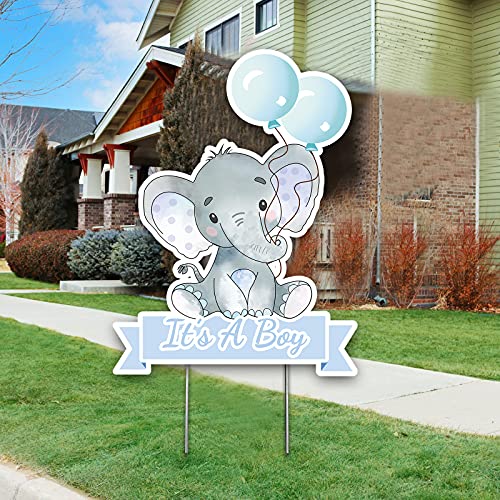 Mirabuy Blue Elephant with Balloons It's A Boy Yard Sign with Stake for Baby Shower Decorations