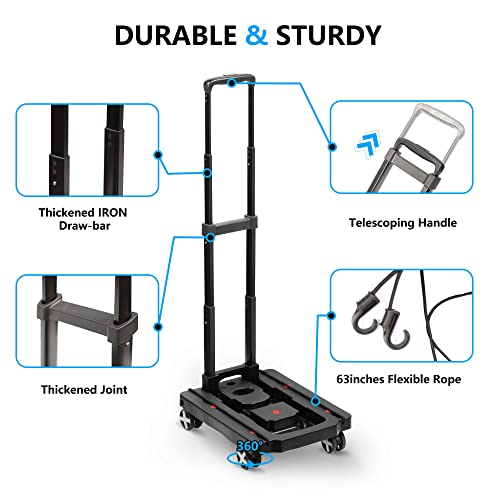 Lougnee Folding Hand Truck, 4 Wheels Fold Up Hand Cart with 2 Elastic Ropes, Portable Foldable 100lbs Capacity Heavy Duty Luggage Cart, Utility Dolly Platform Cart for Car House Office Moving