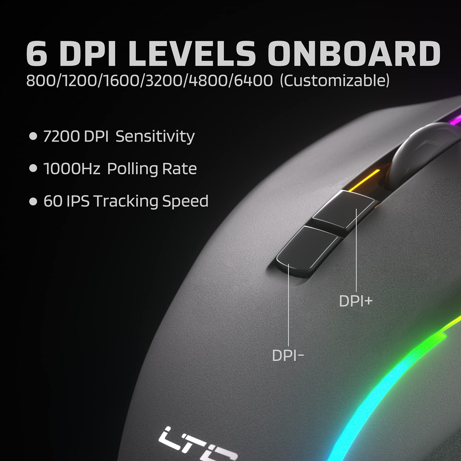LTC MKM051 MMO Gaming Mouse, 10 Programmable Buttons, 7200 DPI, Wired RGB Mouse Ergonomic Natural Grip Build, 5 Side Macro Keys, Software Supports DIY Keybinds & Backlit, Black