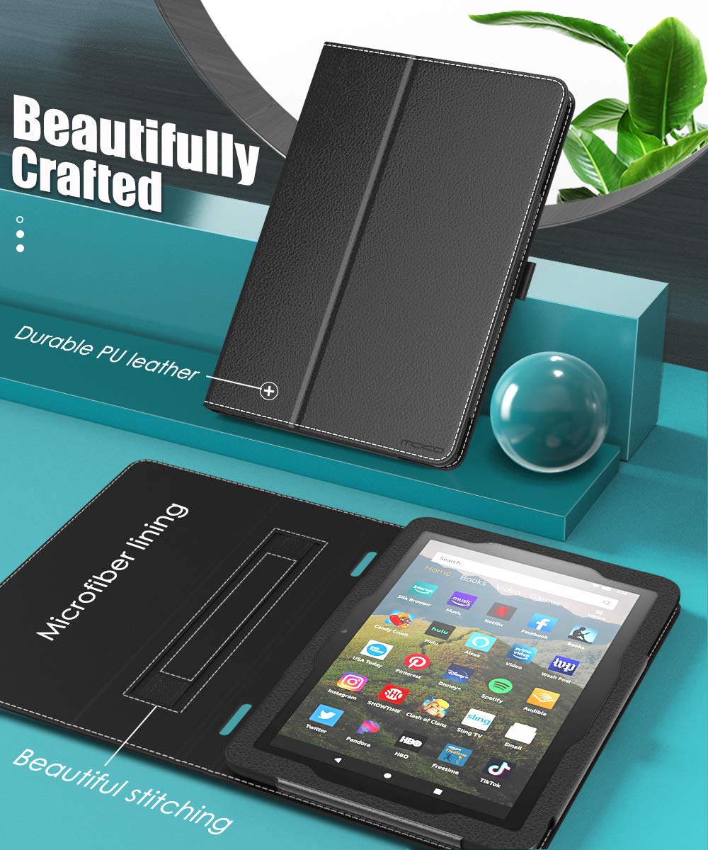 MoKo Case with Temperd Glass Screen Protector Fits Kindle Fire HD 8 & 8 Plus Tablet (12th Generation/10th Generation, 2022/2020 Release) Slim Folding Stand Cover with Auto Wake/Sleep, 9H Hardness Film