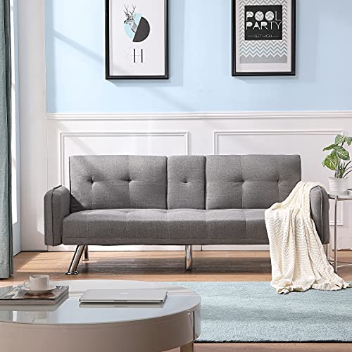 OYN Folding Modern Futon Sofa Loveseat Convertible Sleeper Couch Bed for Living Room Apartment Small Space Furniture Sets with 2 Cup Holders,Metal Legs, Removable Soft Square Armrest,Light Gray