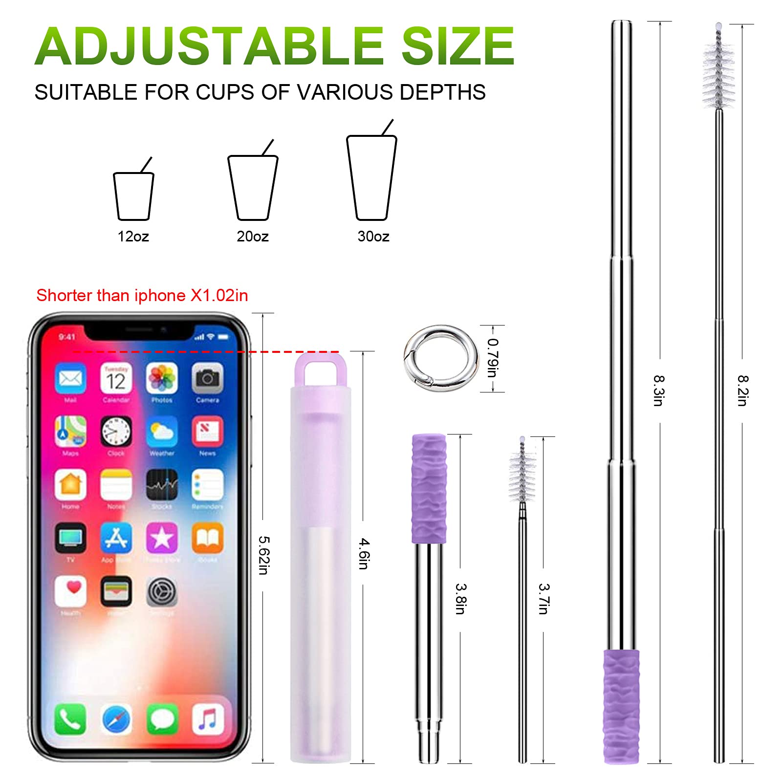 LOIVFET Metal Straws 3 Pack Reusable Collapsible Stainless Steel Straw Portable Telescopic Straws Drinking Easy to Clean with Silicone Tips,Travel Case,Keychain,Cleaner Brush(Green & Blue & Purple)