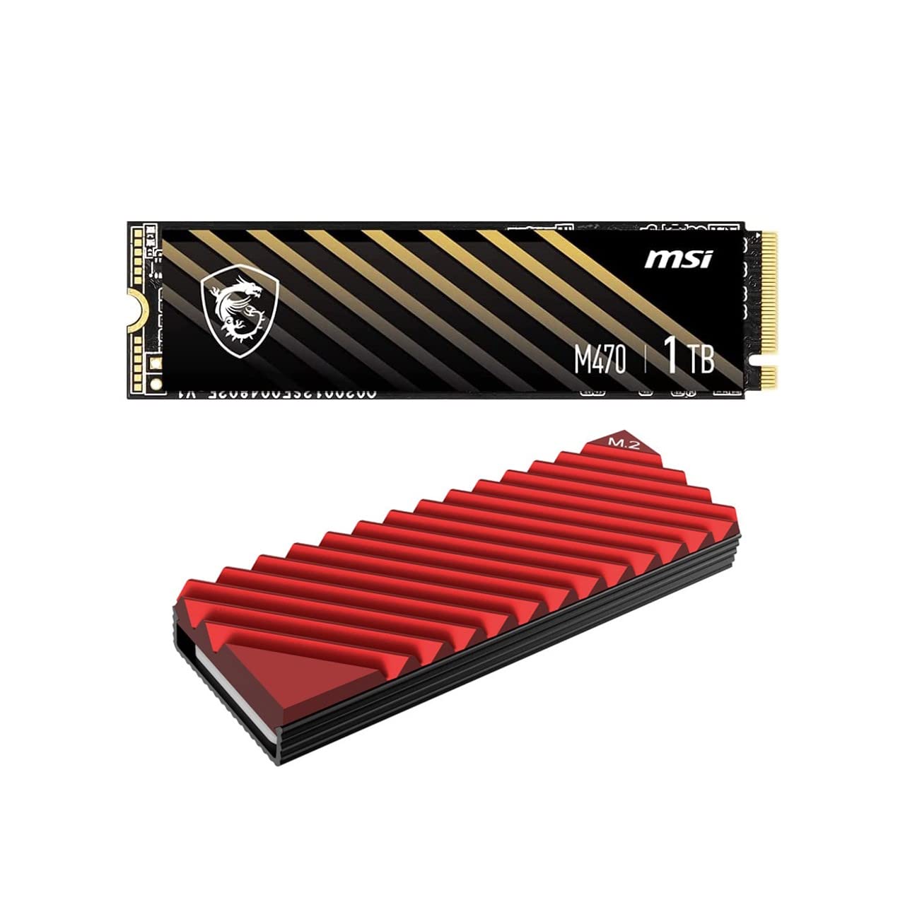 MSI M470 M.2 2280 1TB PCI-Express 4.0 x4 NVMe 1.3 3D NAND Internal Solid State Drive, Bundle with MT Heatsink Cooler 2280 M.2 SSD Double-Sided Heat Sink with Silicone Thermal Pad for PS5/PC - Red