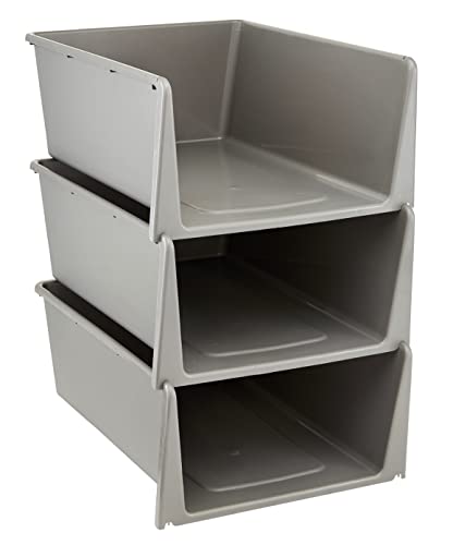 Organize Your Home Stackable Storage Containers with Open Front, 3 Pack, Great Organizing Bins for Pantry, Closet, Bedroom, and all Storage, Grey, 15.2” x 10.6” x 6.0”