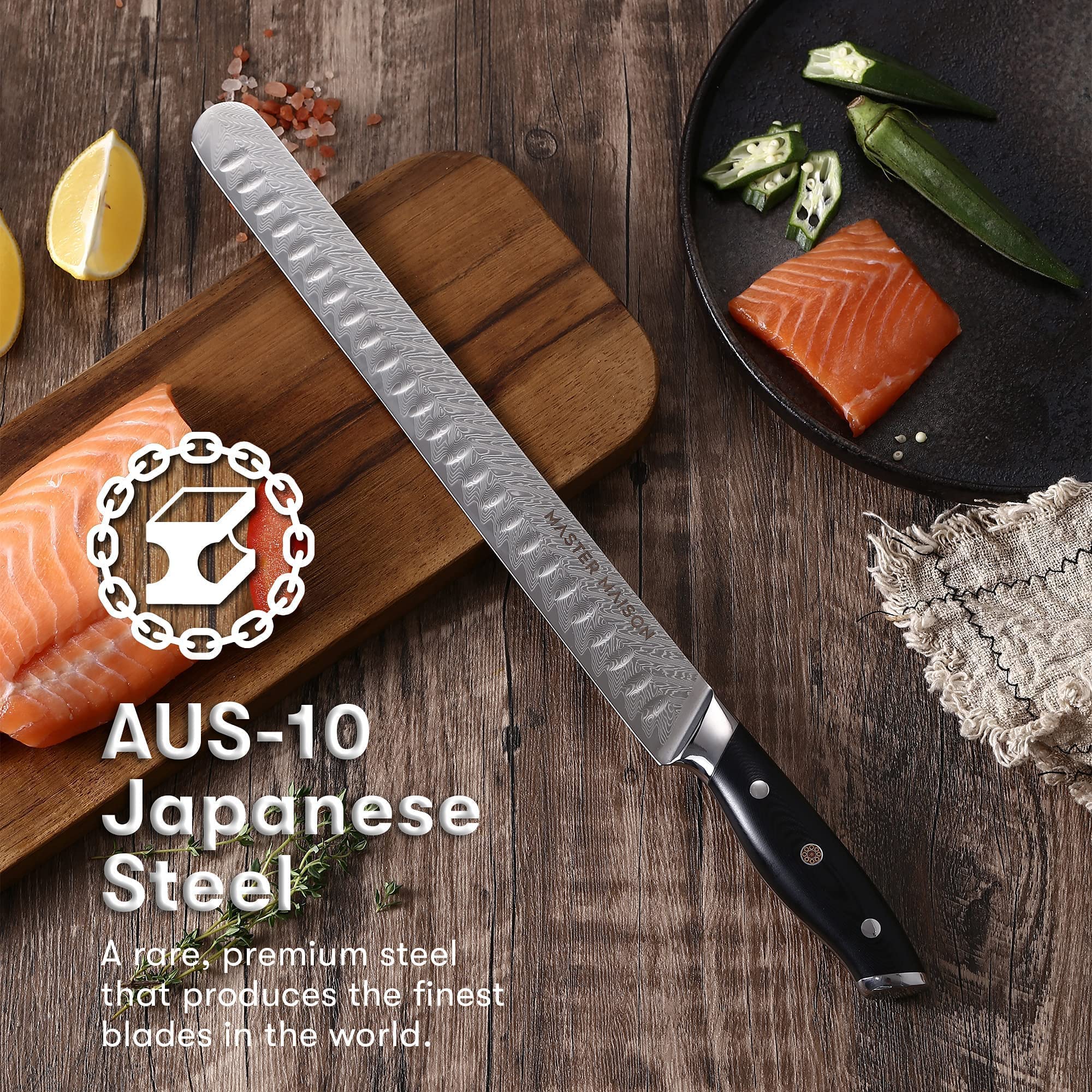 Master Maison Premium 19-Piece Kitchen Knife Set With Wooden Storage Block And Damascus Steel Granton Edge Carving Knife Set With Edge Guard Cover & Gift Box | German & Japanese Stainless Steel, Black