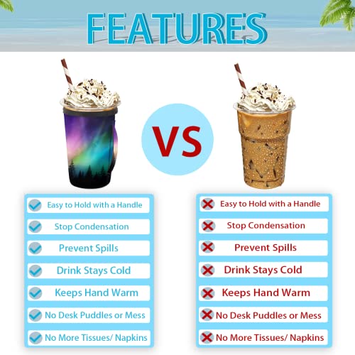 Reusable Iced Coffee Sleeve with Handle Northern lights aurora Insulator Neoprene Cup Sleeve for Cold Drinks Beverages, Men Women Beverages Sleeve Coffee Sleeve Holder 30-32oz
