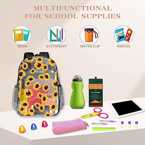 Roftidzo Sunflower Transparent Bookbag for Boys and Girls, High Capacity See Through Backpacks for Women Men, Multifunction Clear Backpack with Heavy Duty PVC Reinforced Strap for Workplace Travel