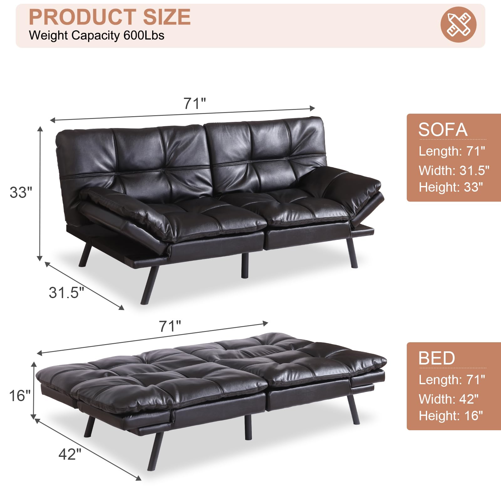 MUUEGM Futon Sofa Bed, Futon Bed Couch, Convertible Sofa Bed, Memory Foam Futon Sofa for Compact Living Room, Small Space, Apartment, Office,Brown Faux Leather