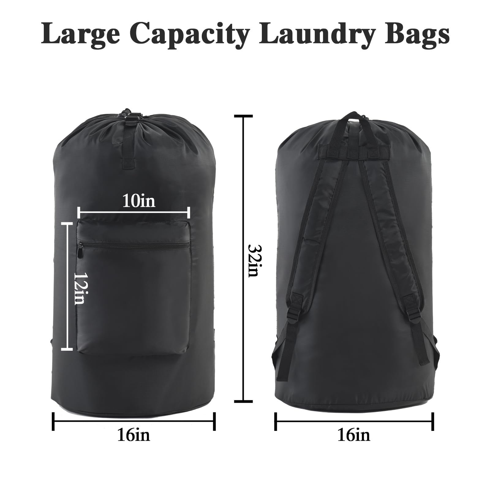 OTraki Laundry Bag 16 x 32 Inch Extra Large Dirty Clothes Laundry Backpack with Handle Adjustable Shoulder Straps Drawstring for Traveling Camping College Dorm Laundromat Black