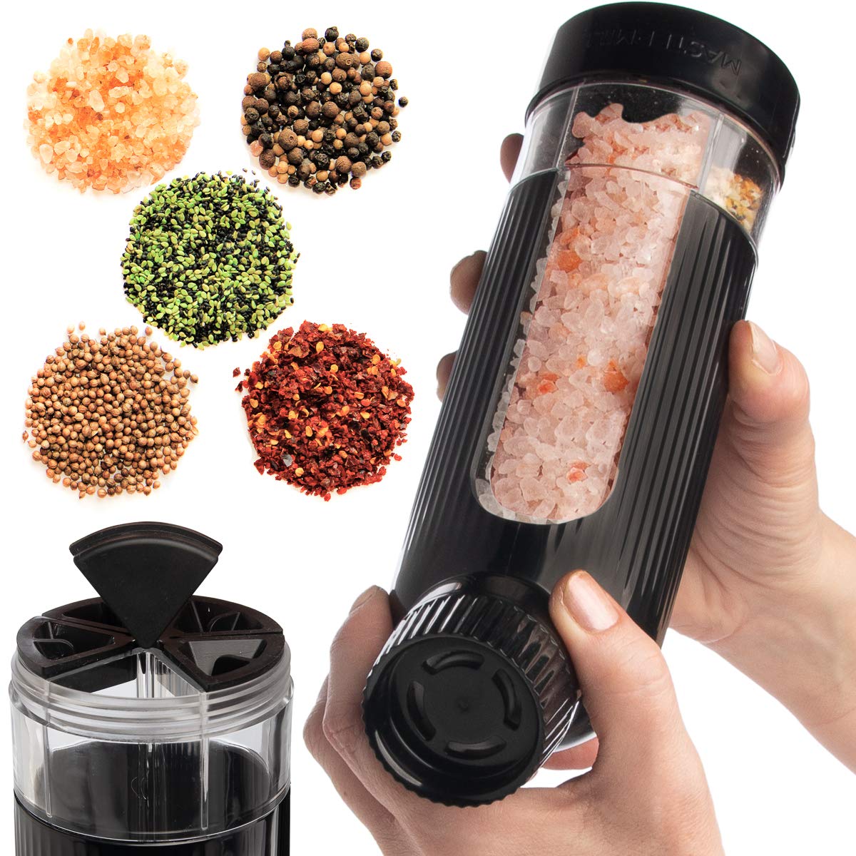 MasterMill 5-in-1 Multi Section Spice Mill, Salt and Pepper Mill Ceramic Combo Multi Spice Dispenser Container Kitchen Organization and Storage