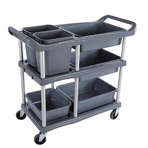 OMOONS Movable Trolleys, Household Serving Cart Commercial Tableware Collection Car, 3-Tiers Storage Hand Trucks, with Wheels and Handle, Plastic Hotel Collecting Dining Car/Gray/Large