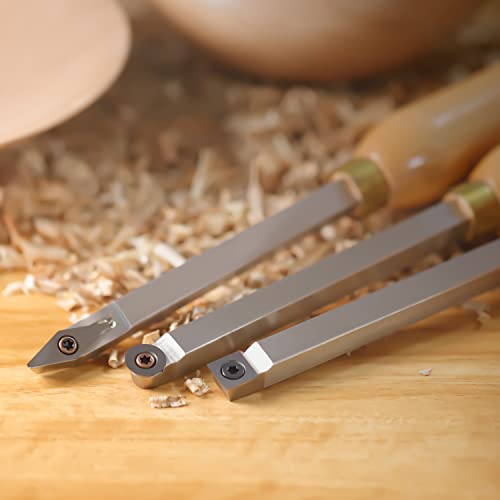 Mini Carbide Tipped Wood Lathe Turning tools Combo set Rougher Detailer Finisher with Wood Handle and Diamond Round Square Carbide Inserts,3pcs
