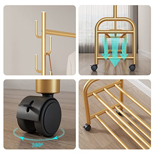 Thick forest Gold Clothes Rack Gold Clothing Rack Gold Garment Rack Rolling Organizer with Wheels Bottom Shelves Double Tiers for Multipurpose (Gold)
