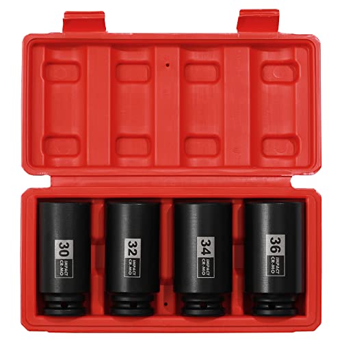 Mayouko 4PCS 1/2" Drive Deep Axle Nut Impact Socket Set, CR-MO, 12 Point Design, Metric, 30,32,34,36mm, 1/2 Inch Extra Deep Impact Socket