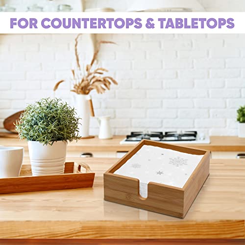 KOVOT Bamboo Napkin Holder β 7"W x 7"W Flat Square Natural Wooden Napkin Tray β Table Top Decorative Tissue Paper Dispenser for Kitchen, Luncheon & Dining Table
