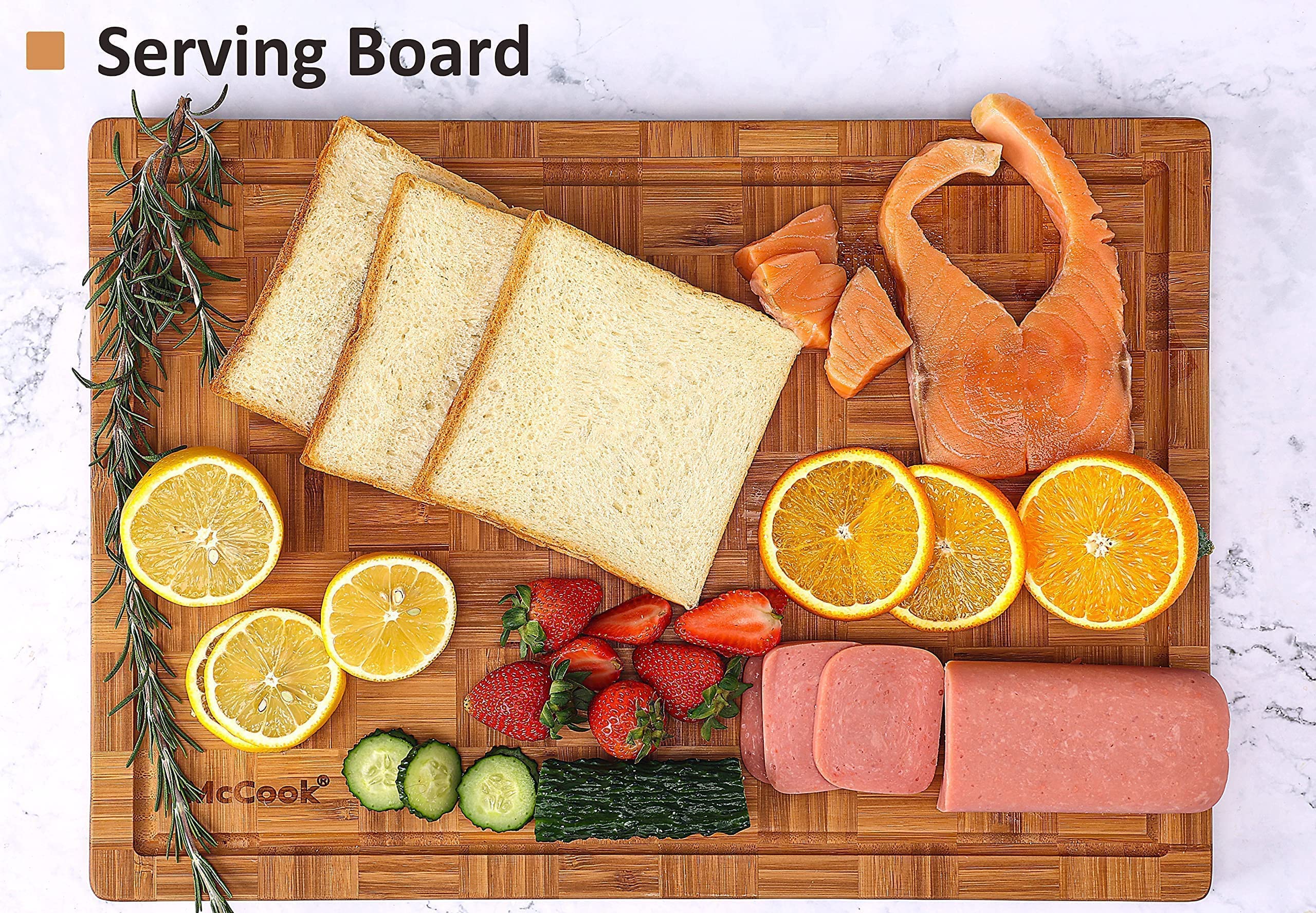 MC69 20 Pieces German Knives Block Set with Built-in Sharpener + MCW12 Bamboo Cutting Board(Large, 17"x12"x1")