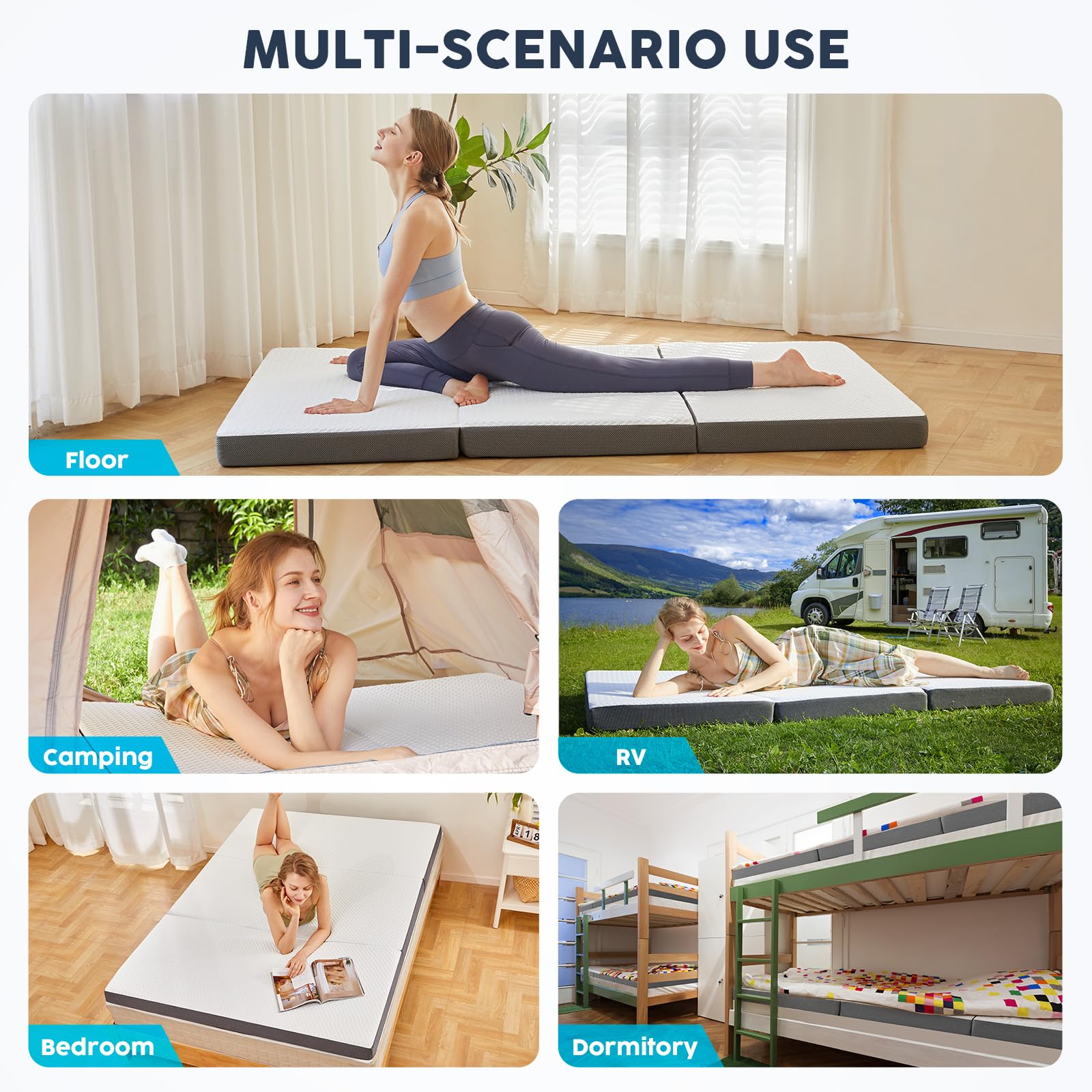 MASVIS Folding Memory Foam Mattress,4 inch Tri-fold Mattress Topper for Camping and Travel, Foldable Guest Bed with Removable Cover, Foldable Mattress with Storage Bag,Full