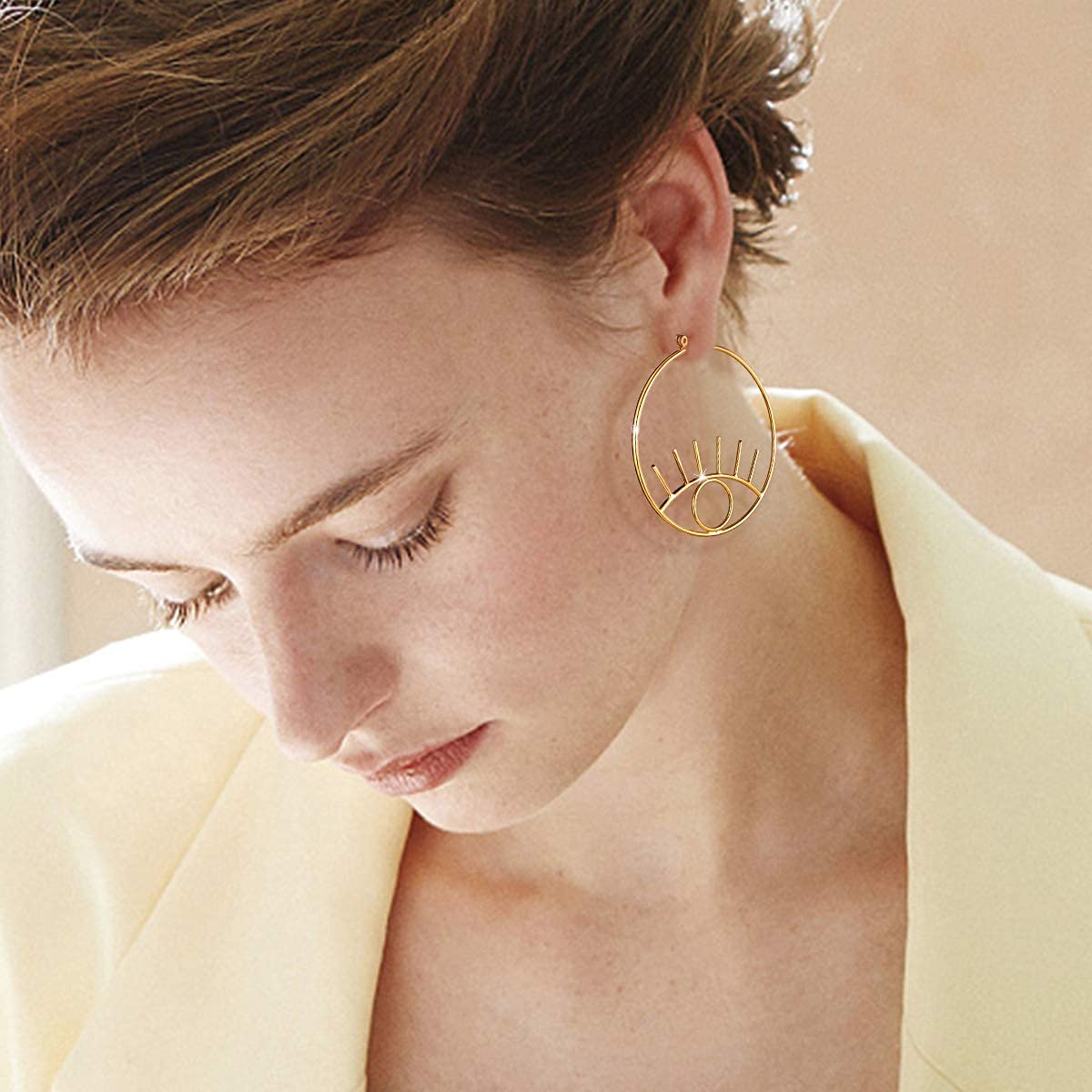 FOCALOOK Gold Eye Earrings for Women 18K Gold Plated Dangle Abstract Evil Eye Hoop Earrings