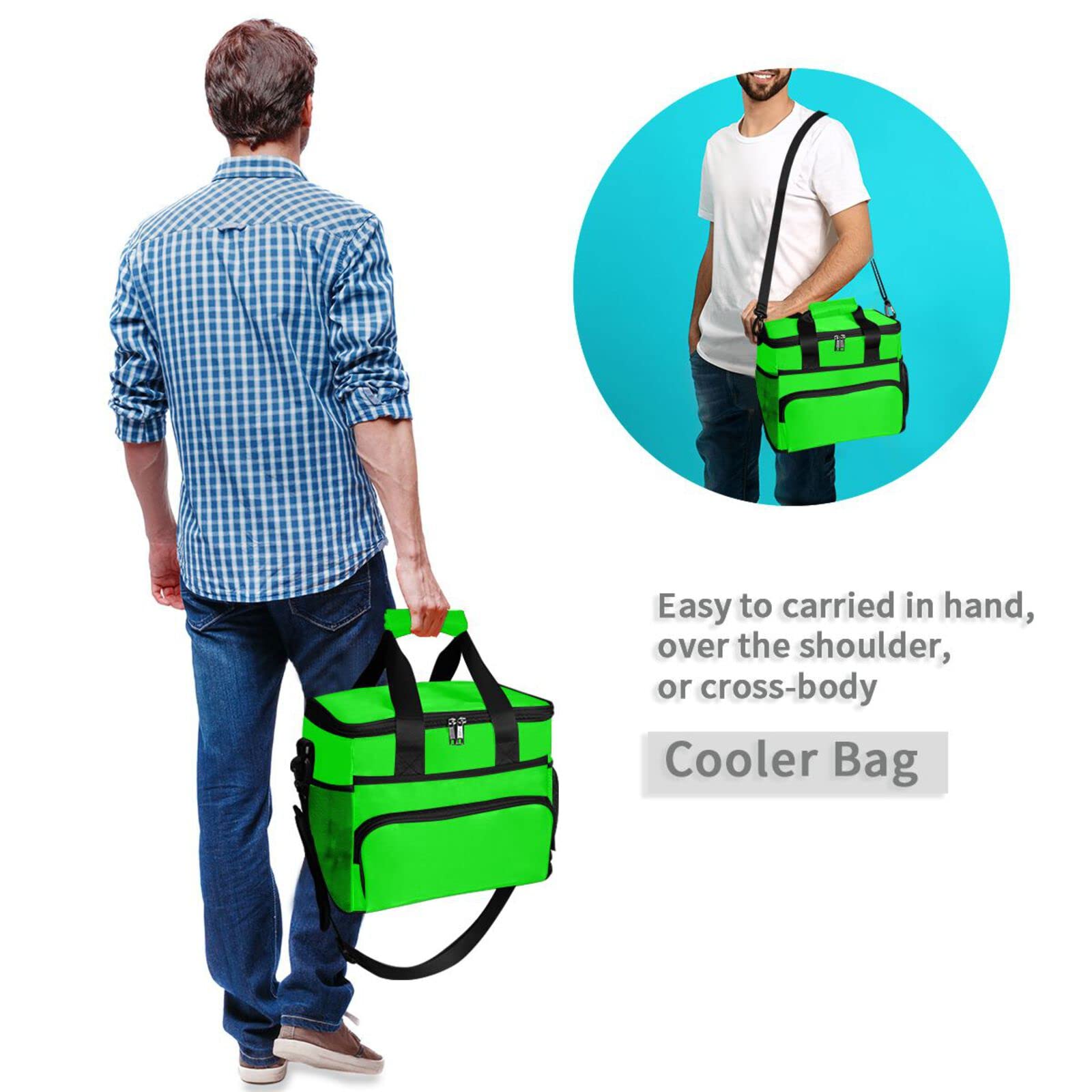 Kigai Insulated Cooler Lunch Bag,Plain Neon Green Solid Color Reusable Leakproof Lunch Box Cooler Bag for Women and Men Work Picnic Beach,with Detachable Shoulder Strapā¦